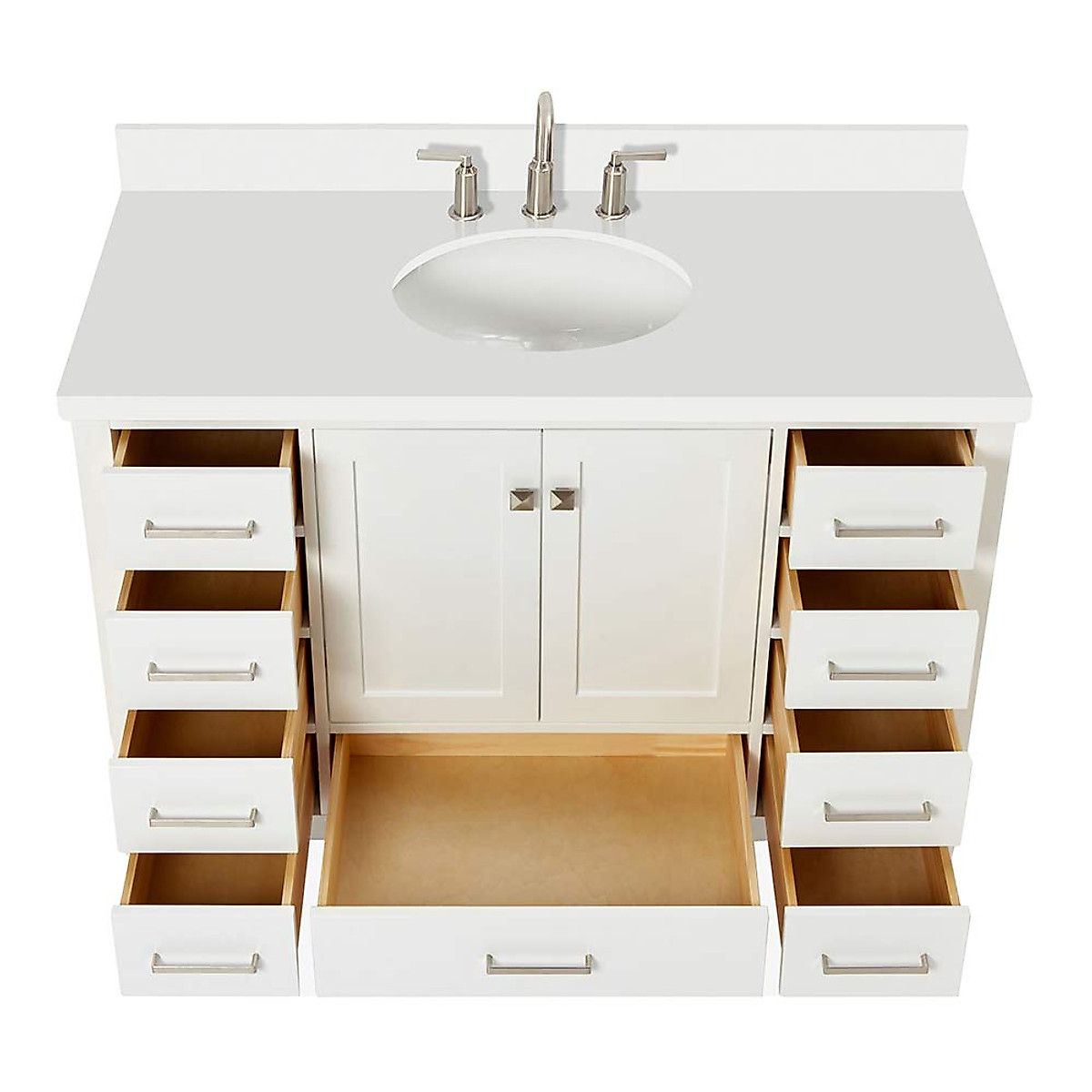 ARIEL 49" White Bathroom Vanity with 1.5" Edge Pure White Quartz Countertop & Backsplash, Center Oval Sink, 2 Soft Closing Doors, 9 Full Extension Dovetail Drawers, Brushed Nickel