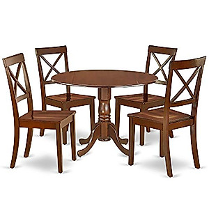 East West Furniture DLBO5-MAH-W 5-Piece Dining Table Set - 4 Dining Room Chairs with Wooden Seat - A Lovely Kitchen Table with Two 9-inch Drop leaves (Mahogany Finish)