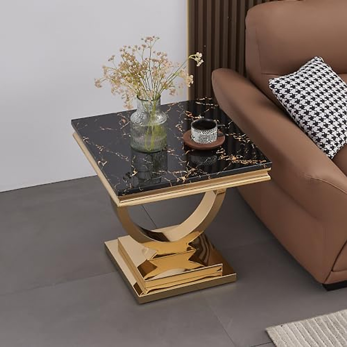 Maotifeys Small Black Marble End Table, Gold Pedestal Base, Mid Century Modern Accent Table for Living Room & Bedroom