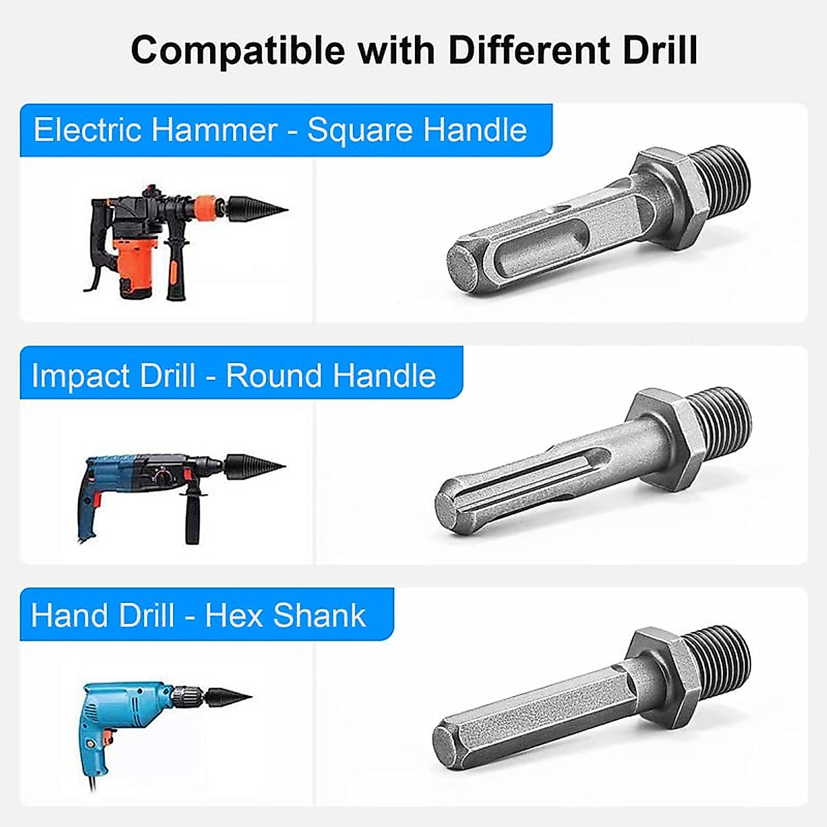 Firewood Log Splitter, 4PCS Wood Log Splitter Firewood Detachable Drill Bit Heavy Duty Electric Drills Screw Cone Driver Hex + Square + Round 32mm/1.26inch