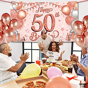KatchOn, Xtralarge Happy 50th Birthday Banner - 72 X 44 Inch, Rose Gold Happy Birthday Banner | 50th Birthday Banner for Women | 50 Year Old Birthday | Pink 50th Happy Birthday Decorations for Women