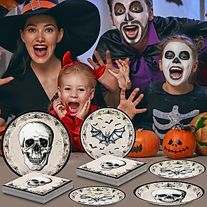DYLIVeS Halloween Party Plates and Napkins Set, 150 Pcs Halloween Skull Bats Tableware for Boys Adult Happy Halloween Party Supplies Disposable Dinnerware Holiday Halloween Decorations, Serve 50