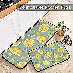 Emelivor Summer Lemon Fruit Floral Kitchen Rugs and Mats Set 2 Piece Non Slip Washable Runner Rug Set of 2 for Kitchen Floor Home Sink Ladunry Office