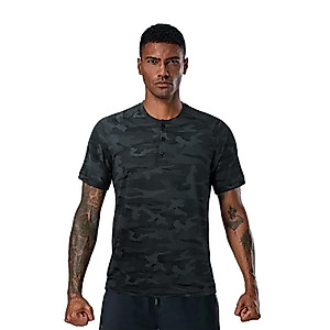 TAPULCO Men's Collarless Golf Shirts Casual Summer Quick Dry Tech Performance Athletic Sports Tee Fashionable Patterned Active Tshirts Camo Black X-Large