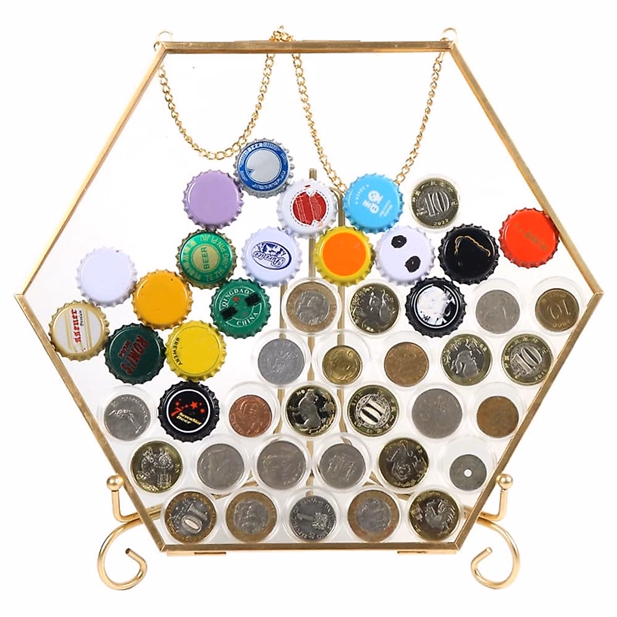 Ebrima Gold Glass Frame for Coin Display, Wall Hanging Coin Collecting Holders, Currency Dollar Bill Collection Supplies Holders for Collectors, Glass Piggy Bank (Medium)