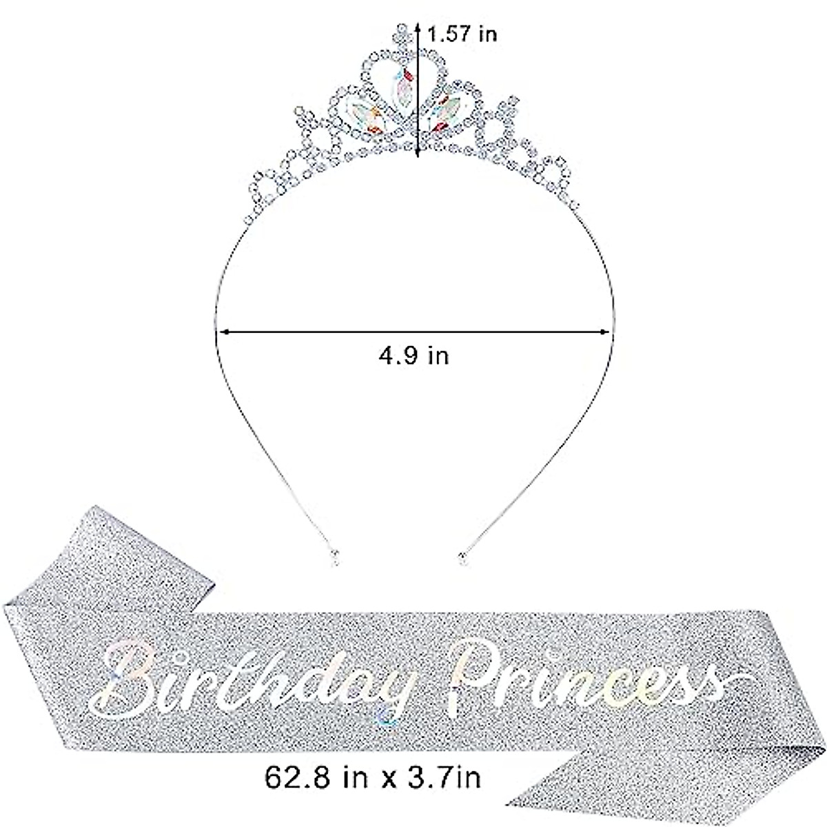 KICOSY Silver Birthday Crowns for Women Birthday Princess Sash & Crystal Tiara Set Princess Tiara for Girls Princess Crown Birthday Tiara Girls Crystal Headband Glitter Sash Kit for Birthday Party