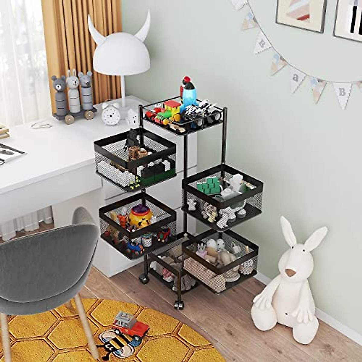 xinyourui Rotating Kitchen Storage Shelves Rack，Bathroom Organizer Metal Shelf，Fruit Basket for Kitchen，Rolling Cart with Wheels，Spice Drawer Organizer(Black, 5 Tier-Square)
