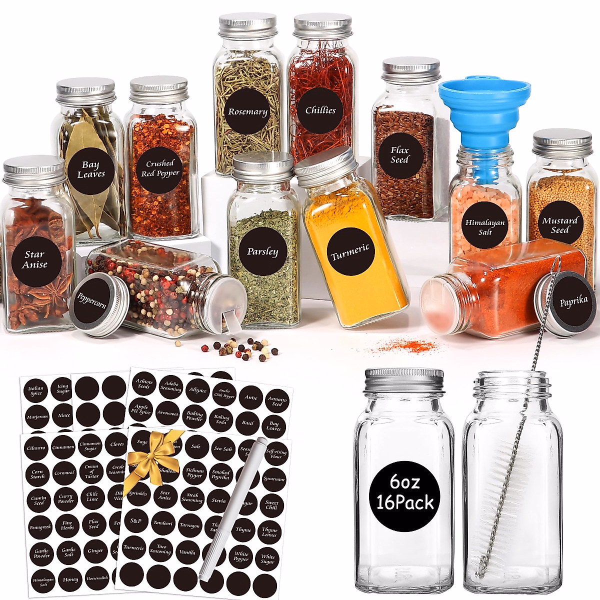 AuroTrends Spice Jars with Labels 6oz 16Pack, Glass Spice Jars with Shaker Lids Complete Set-6oz Seasoning Containers with 180 Waterproof Spice Labels |Chalk Marker |Straw Brush |Funnel