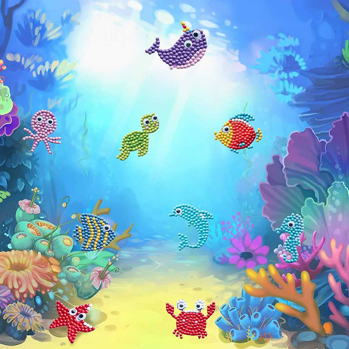 MODOWEY 36Pcs Stickers Kits for Kids, DIY Animal & Sea World Stickers Painting with Diamonds, Paint by Numbers Diamonds Arts Craft Kits for Children, Boys and Girls (Style A)