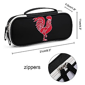 Red Cock Rooster PU Leather Pencil Pen Case Organizer Travel Makeup Handbag Portable Stationery Bag