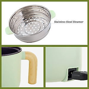 Dezin Hot Pot Electric, 1.5L Portable Ramen Cooker with Nonstick Coating, Mini Hot Pot for Dorm/Office/Travel, Multi-Function Hot Pot for Stir Fry, Steak, Noodles, Soup, Pasta (Egg Rack Included) (Green / Nonstick)