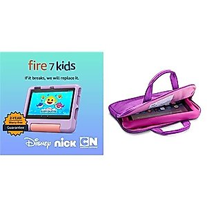 Amazon Fire 7 Kids tablet, 7" display 32GB (Purple) + Kids Zipper Sleeve (Pink)