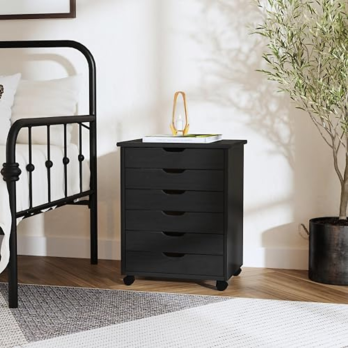 Linon Rolling Storage Corinne Cart, Six Wide Drawers, Black Wide