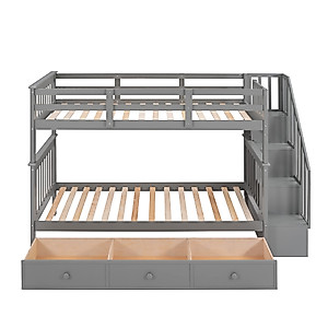 Harper & Bright Designs Twin Over Twin Bunk Bed with Stairs and Guard Rail, Wood Bunk Bed with Storage Drawers Twin Bunk Bed Frame for Bedroom, Dorm, Kids, Teens, Adults (Twin, Gray)