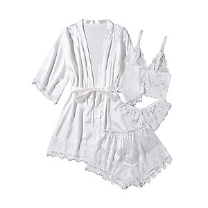 WDIRARA Women' Silk Satin Pajamas Set 4pcs Lingerie Floral Lace Cami Sleepwear with Robe Snow White XS
