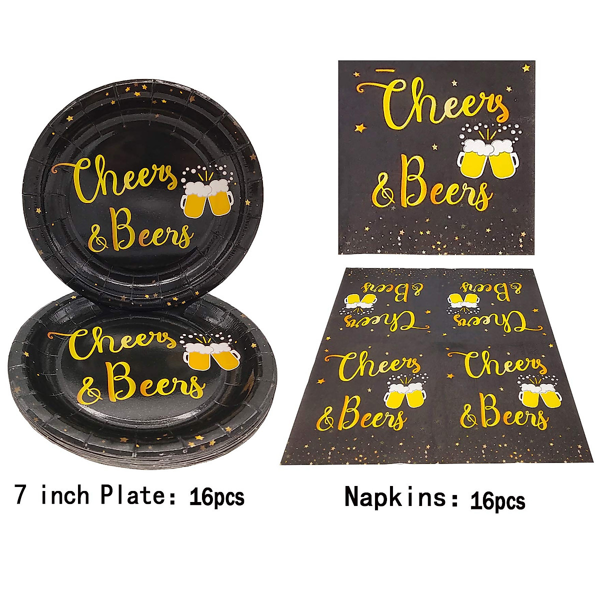 Cheers Beers Birthday Party Supplies,Black and Gold Tablewares(Plates and Napkins),Cheers Beers and Beer Mugs Design Perfect for Graduation Wedding Anniversary Christmas Party Supplies (16 Guest)