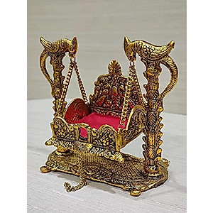 LAXMI Craft Lord Krishna Jhula Singhasan Indian Traditional Handicraft Antique Look Temple Arch/gate Design, Laddu Gopal Sofa with Jhula,Brass,17 x 10 x17 Cm (Metal JULLA with MARBAL Krishna)