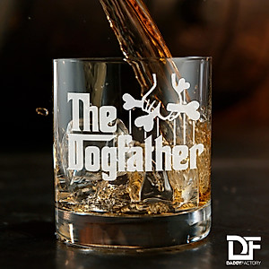 DADDY FACTORY Dog Dad Gifts - The Dogfather - Etched 10.25 Whiskey Rocks Glass, Funny Dog Lovers Gifts For Men - Father's Day Gift From Dog or Wife