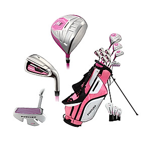 Top Line Ladies Pink Right Handed M5 Golf Club Set for Petite Ladies ( Height 5' to 5'3" ) , Includes: Driver, Wood, Hybrid, 5,6,7,8,9, PW Stainless Irons, Putter, Graphite Shafts, Bag & 3 HCs