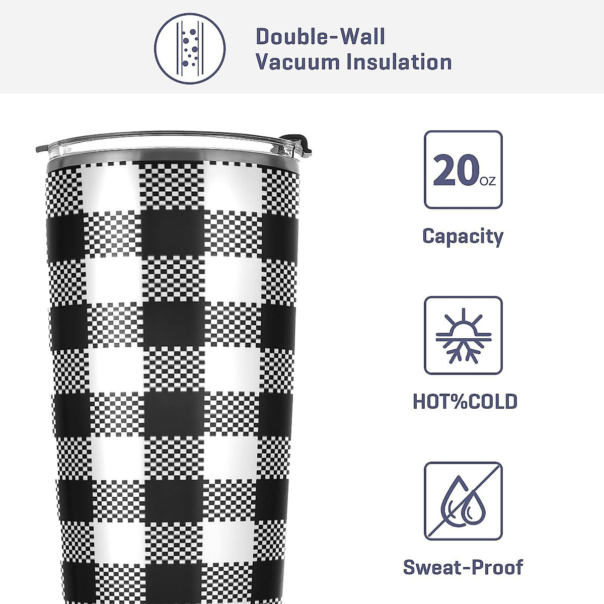 foixnub Black Gingham Tablecloth 20oz Tumbler Insulated Coffee Cup Wine Tumbler Stainless Steel Reusable Water Bottle Double Walled Travel Mug Thermal Cup for Hot Cold Drinks