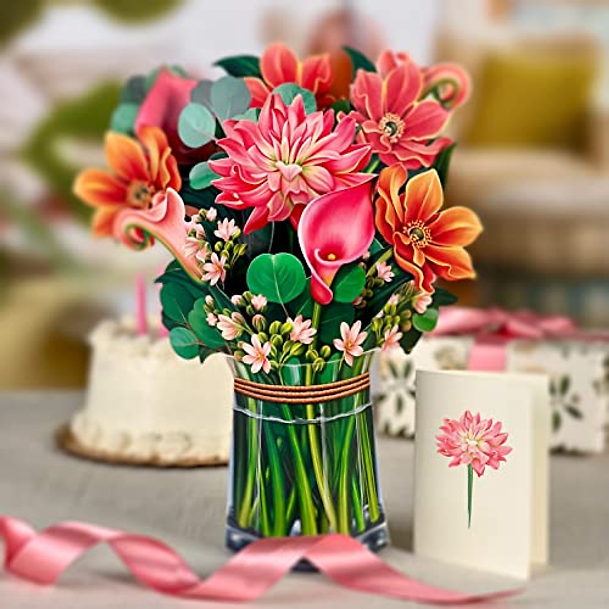 Freshcut Paper Pop Up Cards, Dear Dahlia, 12 inch Life Sized Forever Flower Bouquet 3D Popup Greeting Cards with Note Card and Envelope - Dahlia & Cala Lily Flowers