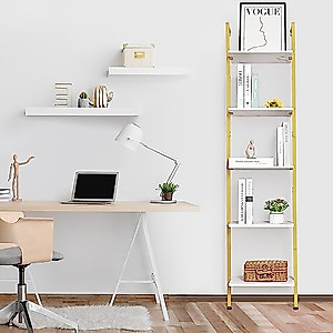 ELYKEN Ladder Shelf, Gold and White 5-Tier Wood Wall Mounted Bookshelf with Metal Frame, Modern Open Display Organizer Rack, Leaning Storage Shelves for Living Room, Bedroom, Home Office