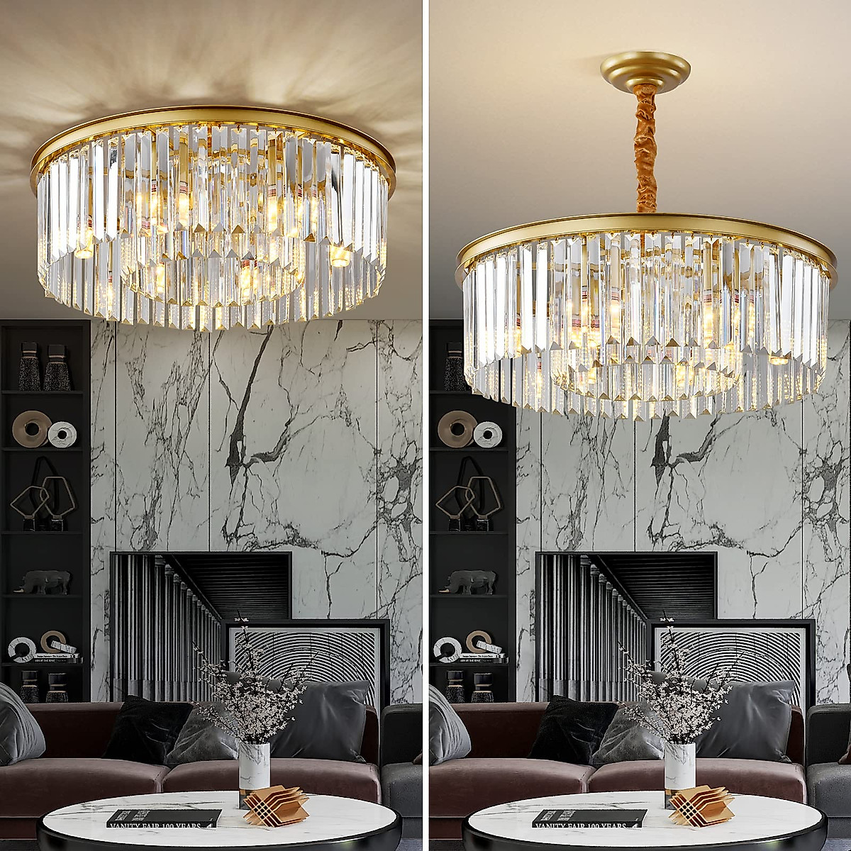 Laiuetai Gold Modern Crystal Chandelier, 2-Tier Round Flush Mount Ceiling Light Fixtures Height Adjustable Pendant Lighting for Dining Room Living Room Bedroom Kitchen Hotel Foyer