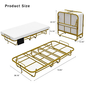 Folding Bed with Mattress, 75x38 Twin Size Fold Up Bed, 5-inch Memory Foam, Portable Foldable Roll Away Adult Bed with Lockable Wheels, Easy Assembly & Moving, Space-Saving (WhiteGold)