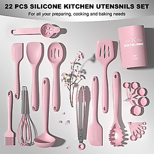 Umite Chef 22Pcs Silicone Cooking Utensils Set, Heat Resistant Silicone Kitchen Spatulas Set with Holder, Cooking Gadgets Tools Set for Nonstick Cookware, Dishwasher Safe(Pink)