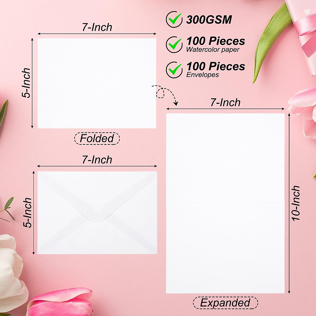 PATIKIL 100 Sets Pure Cotton Watercolor Cards 140lb/300 GSM Postcards with Envelopes for Art Painting Creative Thank Notes, 5x7 Inch Foldable Size