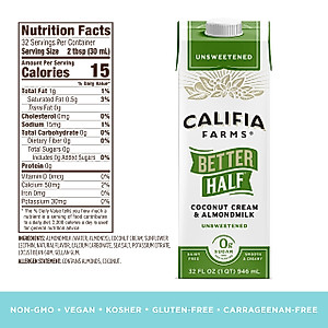 Califia Farms - Unsweetened Better Half, Half and Half Substitute, 32 Oz (Pack of 6), Almond Milk, Coconut Cream, Coffee Creamer, Keto, Shelf Stable, Dairy Free, Plant Based, Vegan