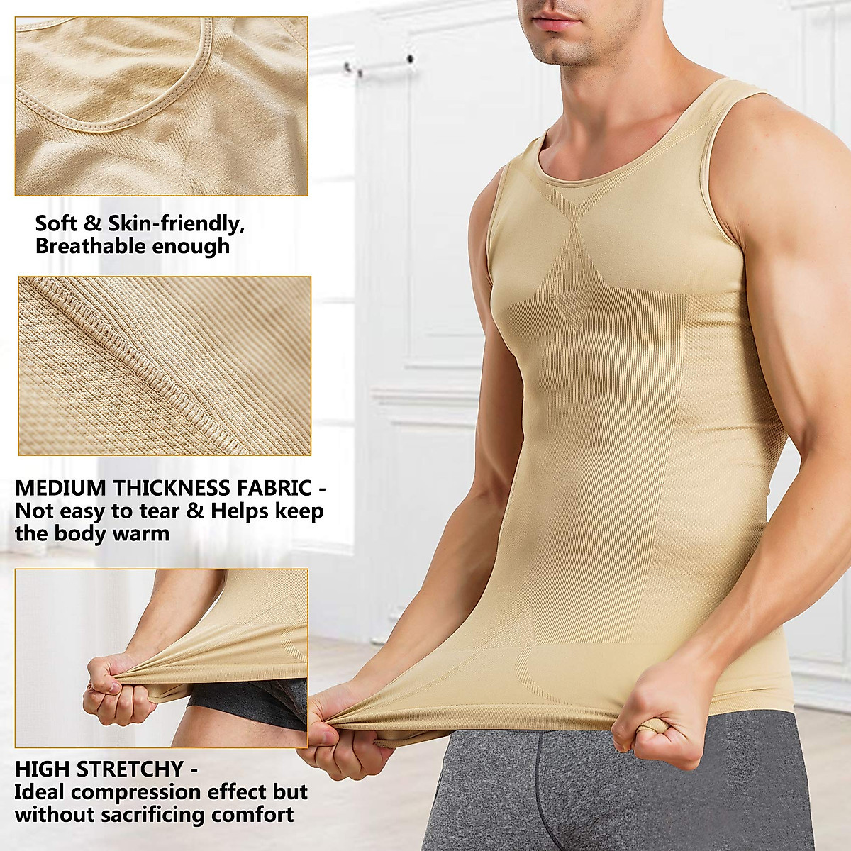 MOLUTAN Mens Compression Shirt Slimming Body Shaper Vest Sleeveless Waist Trainer Workout Tank Top Tummy Control Shapewear (Beige, Medium-Large)