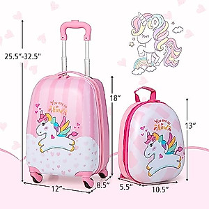 GYMAX Kids Carry On Luggage Set, 12" & 16" 2PCS Rolling Suitcase (Happy Pony)