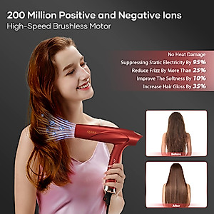 Hair Dryer, 110000 RPM Professional Positive and Negative Ionic Blow Dryer Brushless Motor for Fast Drying Low Noise, 3 Speed/4 Temperature with Magnetic Nozzle for Home, Travel, Salon