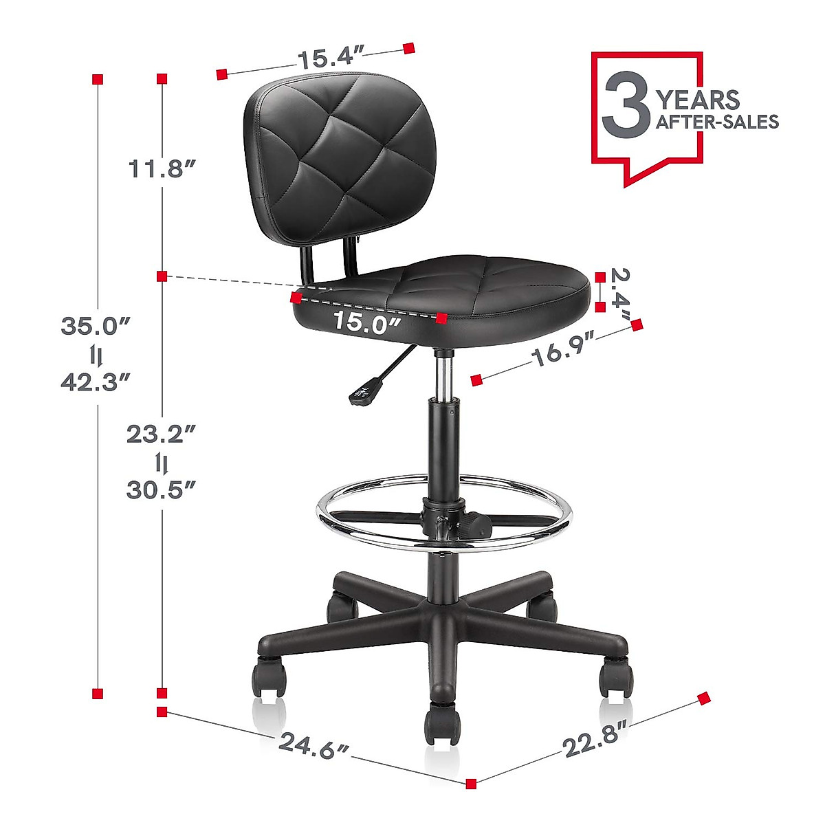KLASIKA PU Faux Leather Drafting Rolling Stool Chair with Seat Height Adjustable 30 inch Fixed Back Support Adjustable Foot Ring for Office Home Plaid Checked Pattern (1 Pack-New)