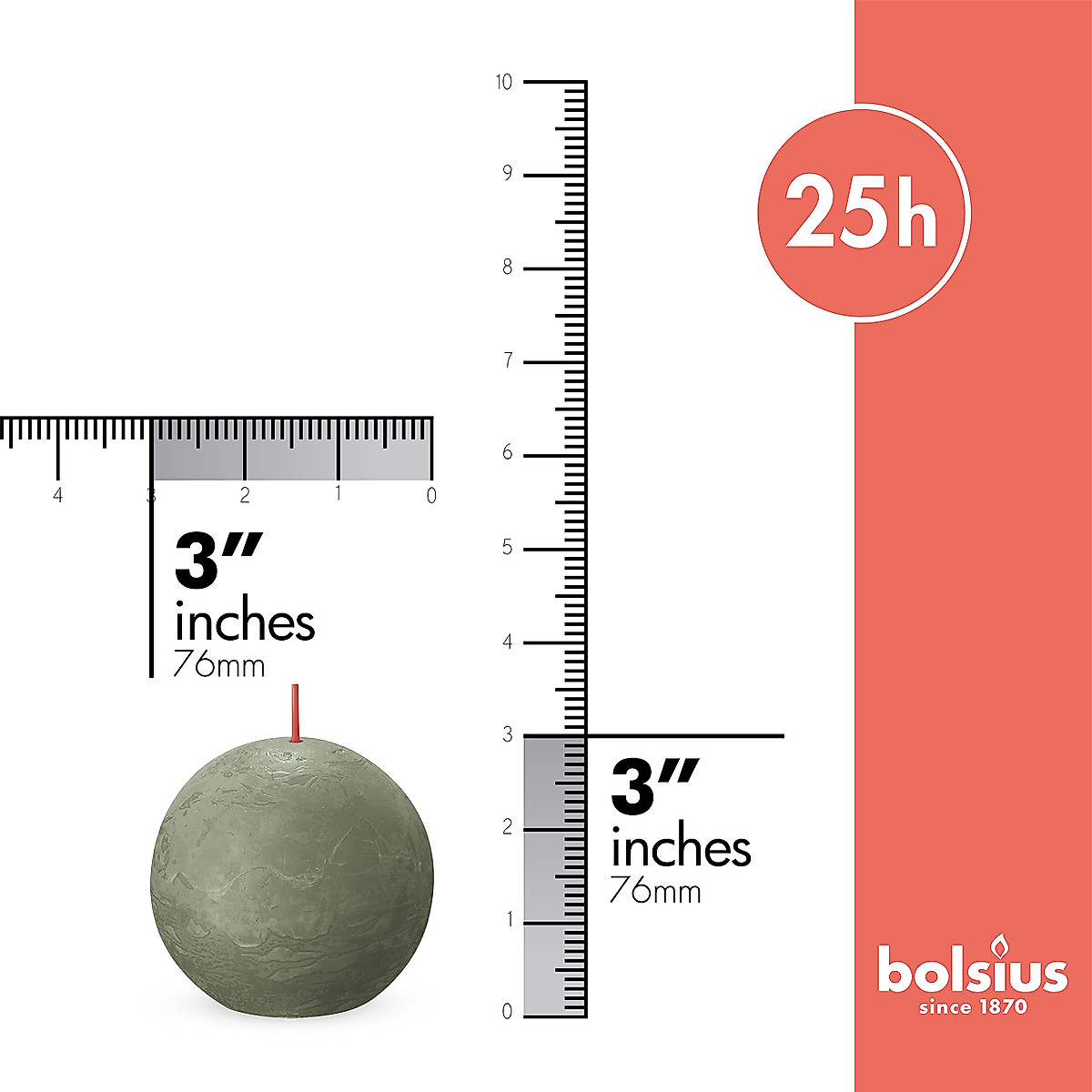 BOLSIUS 3 Pack Fresh Olive Rustic Ball Pillar Candles - 3 Inch - Premium European Quality - Includes Natural Plant-Based Wax - Unscented Dripless Smokeless 25 Hour Party Décor and Wedding Candles