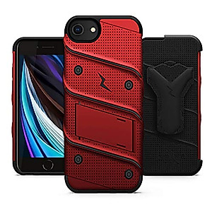 ZIZO Bolt Series for iPhone SE (3rd and 2nd gen)/8/7 Case with Screen Protector Kickstand Holster Lanyard - Red & Black