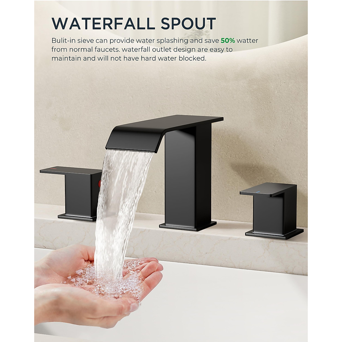 FORIOUS Bathroom Faucets, Black Bathroom Faucet 3 Hole, Waterfall Matte Black Bathroom Faucet with Pop-up Drain and Supply Lines, 8 Inch Widespread 2 Handle Faucet for Bathroom Sink Vanity RV