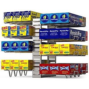 Vdomus Kitchen wrap Organizer Rack, Adjustable Wrap Stand for Kitchen Cabinet Tin foil, Sandwhich Bags, Saran Wrap Kitchen Organizer for Storage, Silver