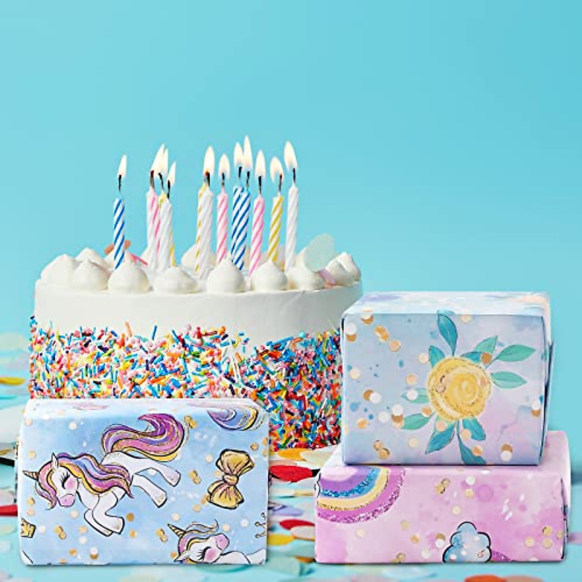 AnyDesign 12 Sheet Unicorn Wrapping Paper 6 Designs Pink Blue Unicorn Rainbow Flowers Gift Wrap Paper Bulk Folded Flat Art Paper for Birthday Baby Shower DIY Gift Packing, 19.7 x 27.6 Inch