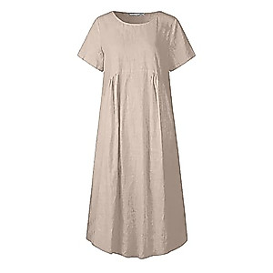 Women's Short Sleeve Crew Neck Loose Midi Linen Dress Casual Summer Solid Color Cotton Linen Dresses with Pockets