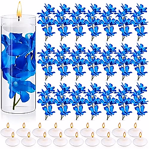 42 Pcs Blue Orchids Artificial Flower Vase Fillers for Floating Candles Wedding Table Centerpiece Blue Orchid and Unscented Floating Candles for Wedding Party Table Home Decoration