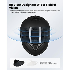 ILM Full Face Motorcycle Street Bike Helmet with Enlarged Air Vents, Free Replacement Visor for Men Women DOT Approved Model ST-06 (Matte Black, Large)