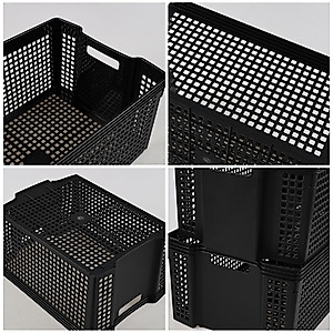 Begale 12 Pack Large Plastic Storage Baskets Organizer, Black Stacking Storage Basket Bin for Pantry, Shelves