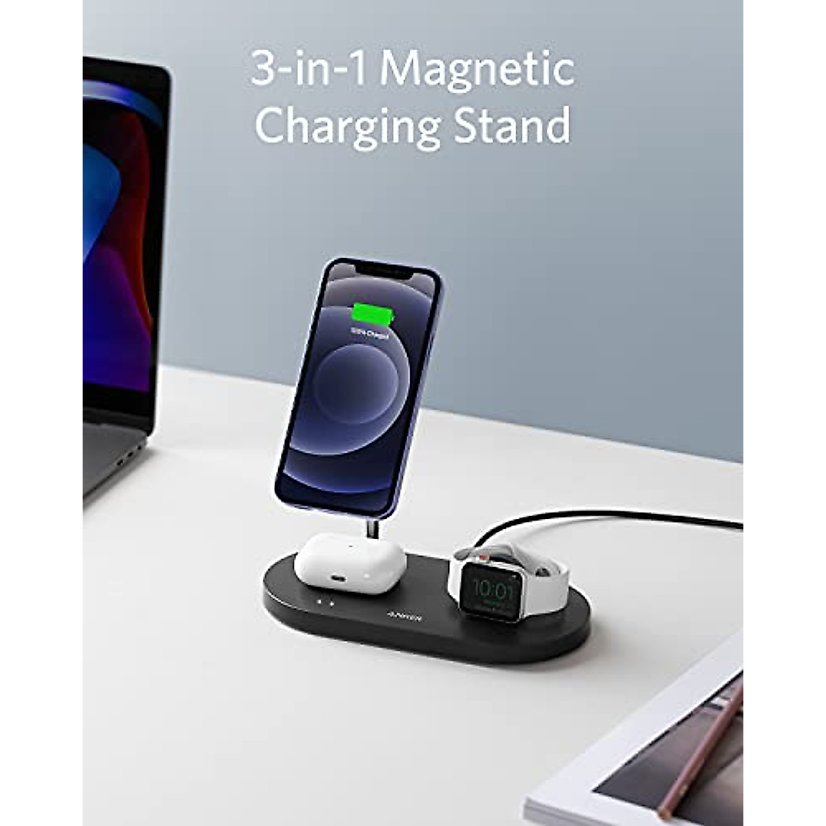 Anker Wireless Charging Station & 20W Charger, 533 Magnetic Wireless Charger (3-in-1 Stand), 5ft USB-C Cable, For iPhone 14 Series, AirPods 3/2/Pro, Apple Watch 1-6 (Watch Cable Not Included)