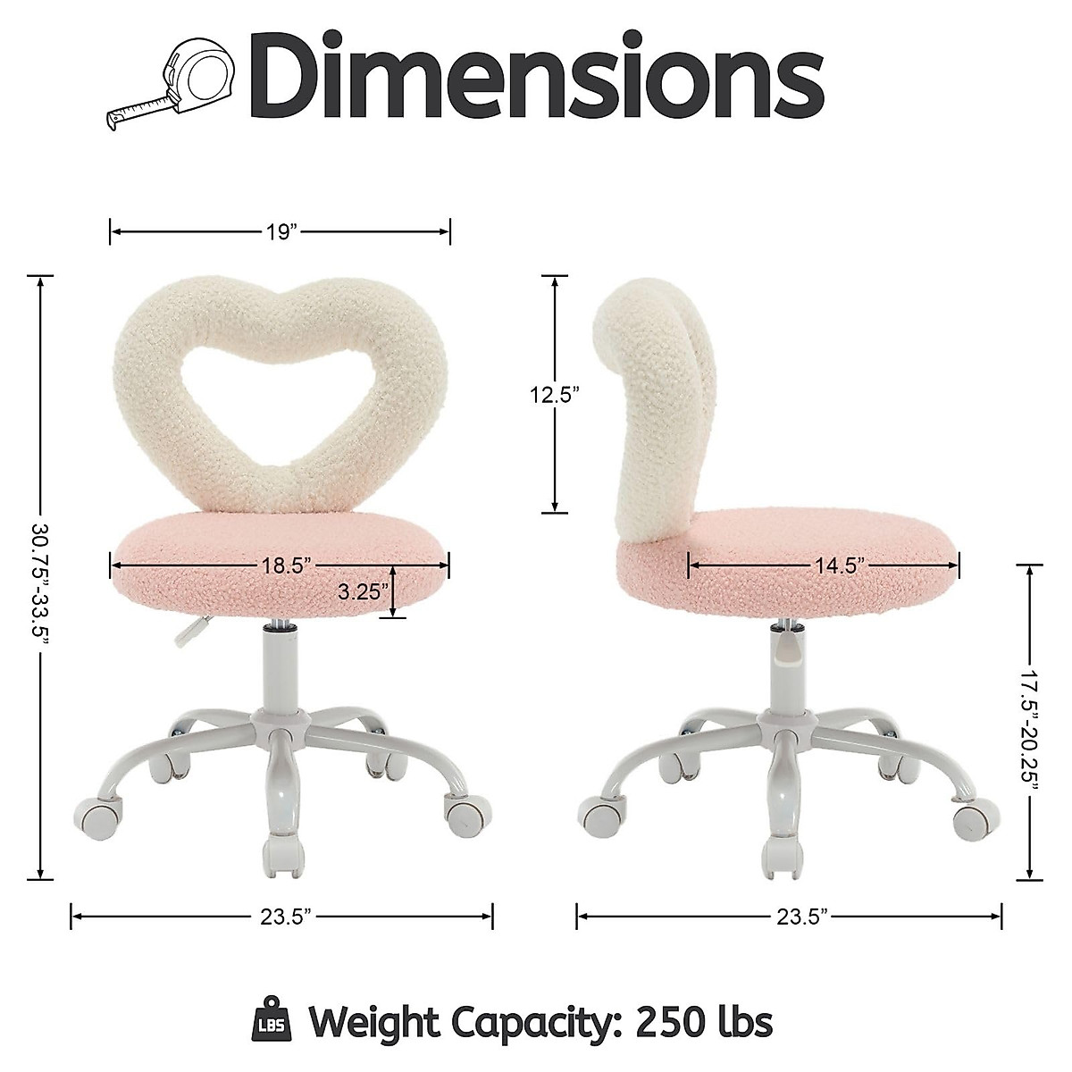 LukeAlon Kids Desk Chair with Rolling Wheels, Sherpa Heart Back Swivel Child Chair Upholstered Adjustable Teen Computer Chair Comfy Students Study Chair for Boys and Girls, Pink White