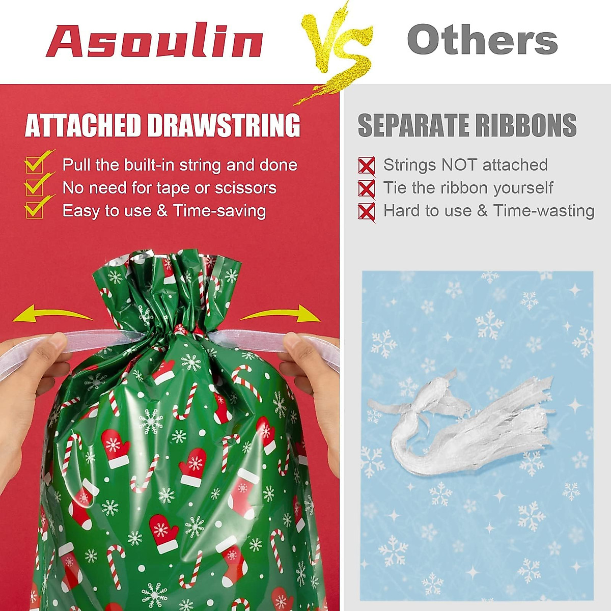 Christmas Drawstring Gift Bags with Tags - 32 PCS Stand Up Thanksgiving Gift Bags Assorted Sizes Large Medium Small Foil Gift Wrapping for Birthday, Goodies, Xmas Holiday Party Decorations Supplies