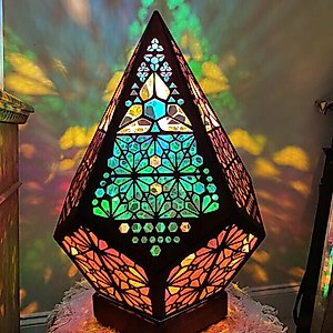 RXMORI Wooden Bohemian Floor Lamp, Colorful 3D Projection Hollow Lamp, USB Geometric Retro Floor Decorative Lamp, LED Night Light for Living Room Home Decor(#1)