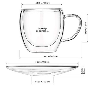Tealyra - 8.5-Ounce Double Wall Glasses and Saucer - Set of 4 - Espresso Coffee - Tea - Cappuccino - Clear Cups - Heatproof Insulating - Keeps Beverages Hot - 250ml
