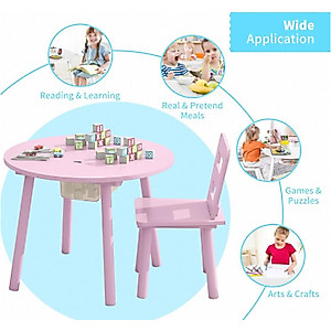 cuoote Kids Table and Chair Set, Wood Kids Table and 2 Chair Set, Round Toddler Table with Center mesh Storage, for Boys and Girls (Pale Pink)